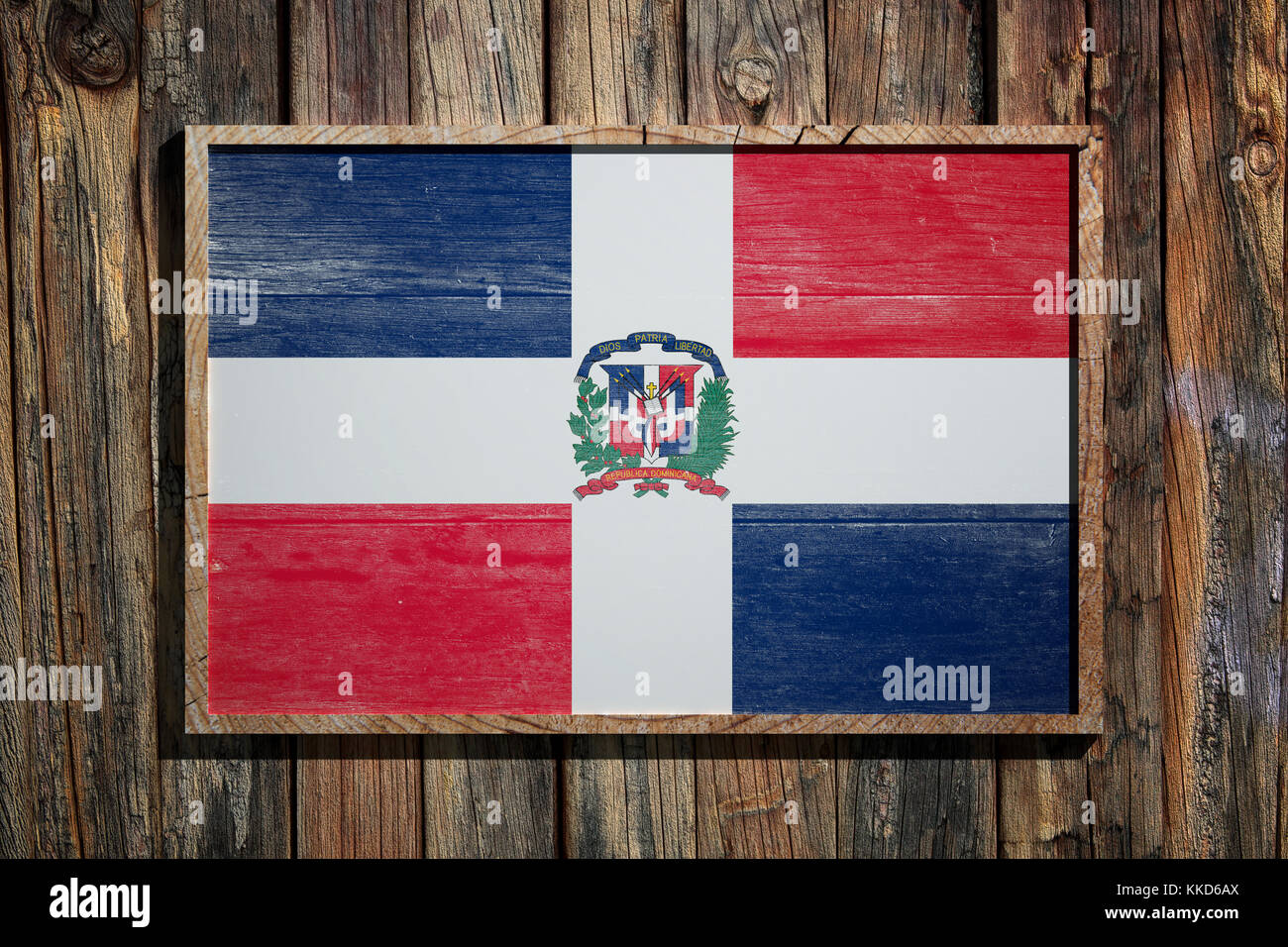 3d rendering of Dominican Republic flag on a wooden frame over a planks ...