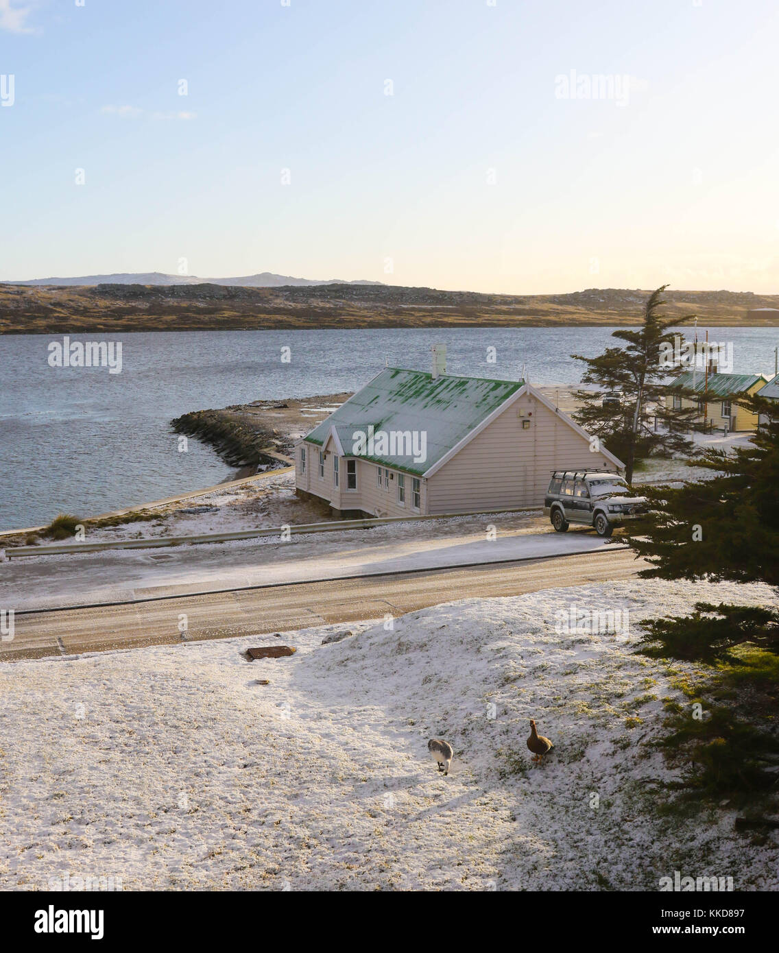 Snow on a deserted Ross Road, Falkland Islands, South Atlantic Stock ...