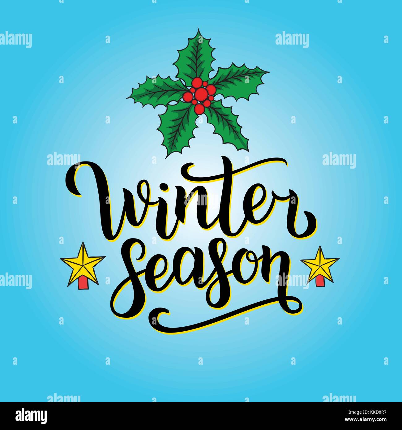 Winter season hand written inscription with isolated on blue abstract ...