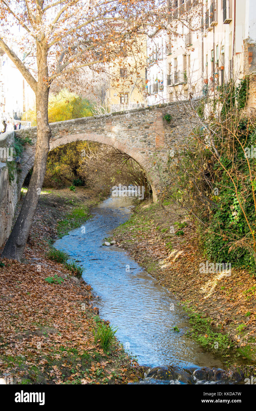an autumn scene of a river flowing under a bridge in Granada, Spain ...