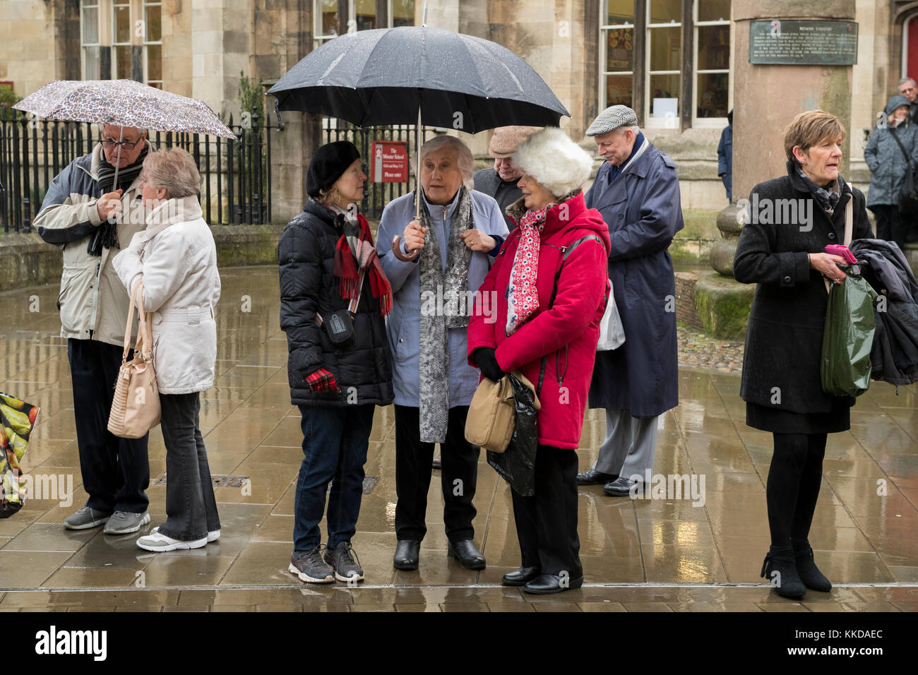 Men & women standing in rain, sheltering under umbrellas, waiting ...