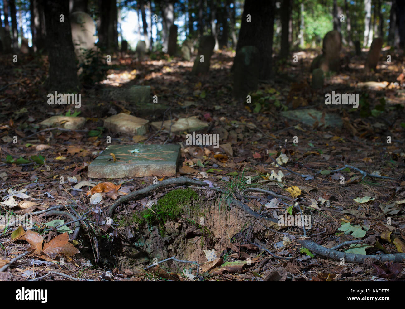 Hole with tombstones on the ground at Old Scottish Cemetery Stock Photo ...