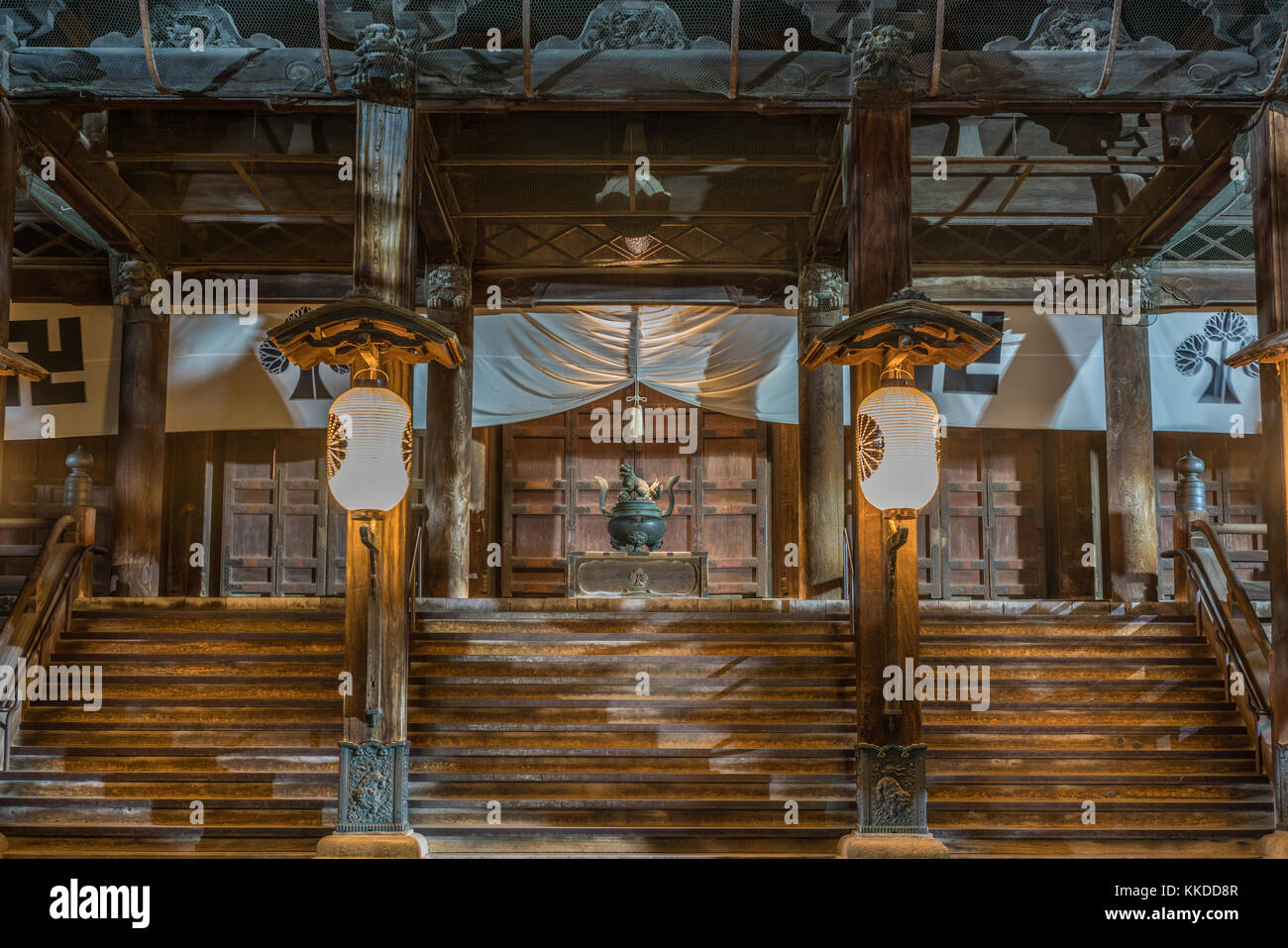 Zenko-ji Temple complex late night view. Jokoro (Incense Burner) and ...