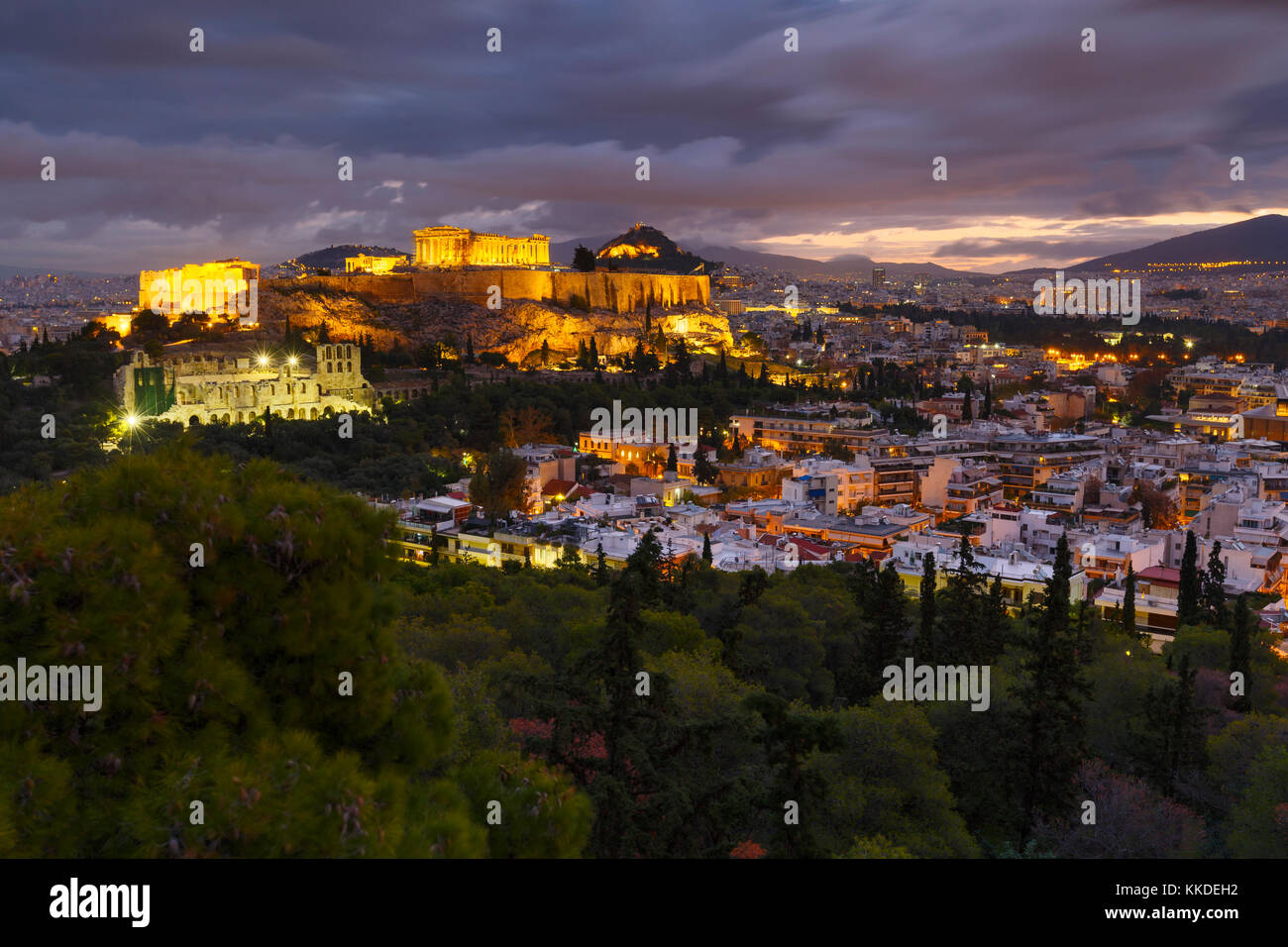 View of Acropolis from Filopappou hill at sunrise, Greece Stock Photo ...