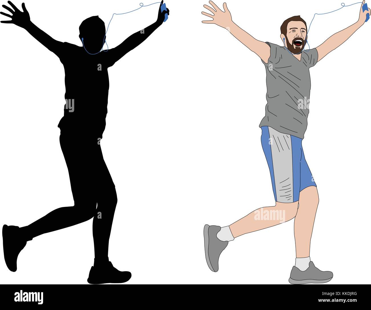 happy man running with earphones illustration and silhouette - vector ...