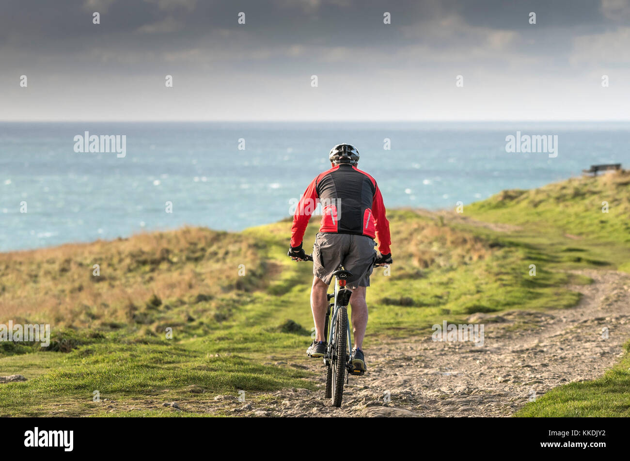 Mountain biking - a cyclist mountain biker riding a mountain bike along ...
