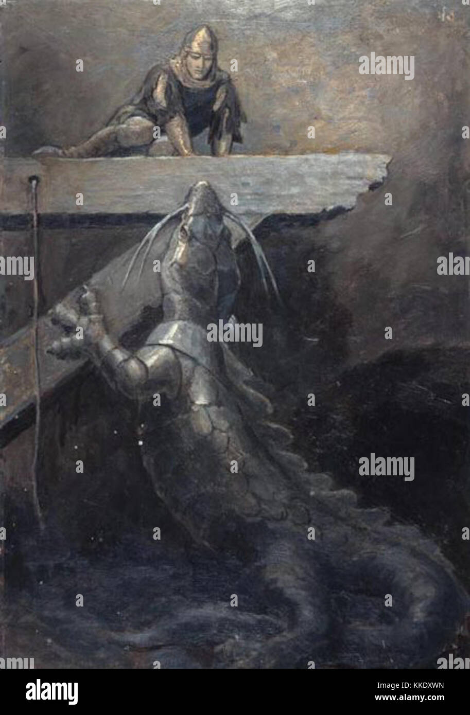 Dragon rearing up to reach medieval knight on ledge Stock Photo - Alamy