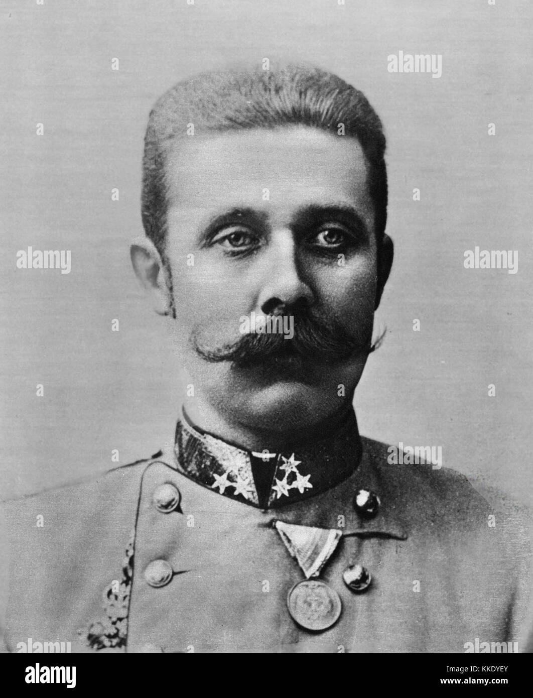 This black and white image captures Archduke Franz Ferdinand of Austria, whose assassination in ...