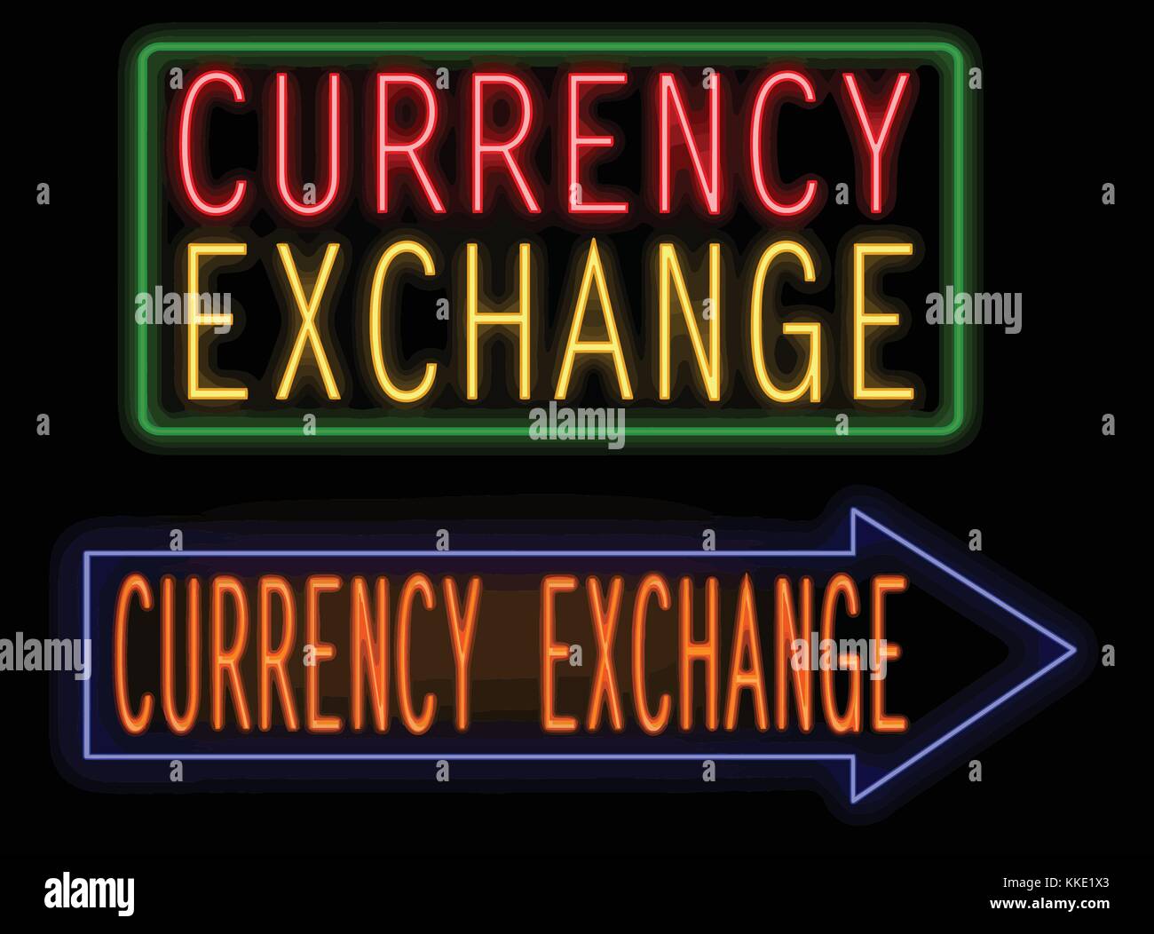Currency exchange glowing neon sign on black background, vector ...