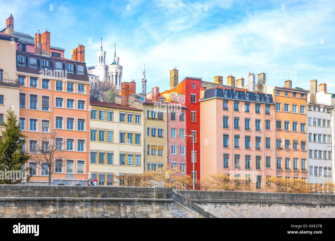 France, Lyon, the architectures of the old town with the Basilica in ...