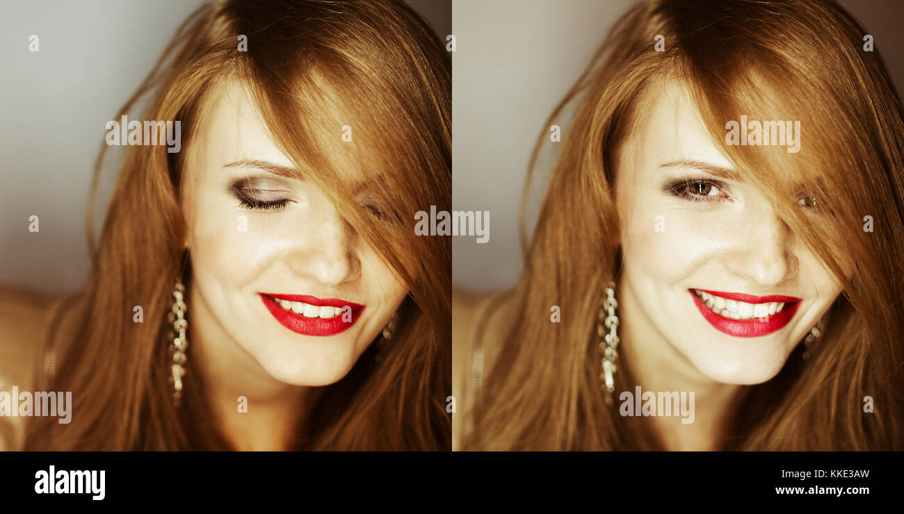 collage of portraits of fashionable red-haired model laughing at camera ...