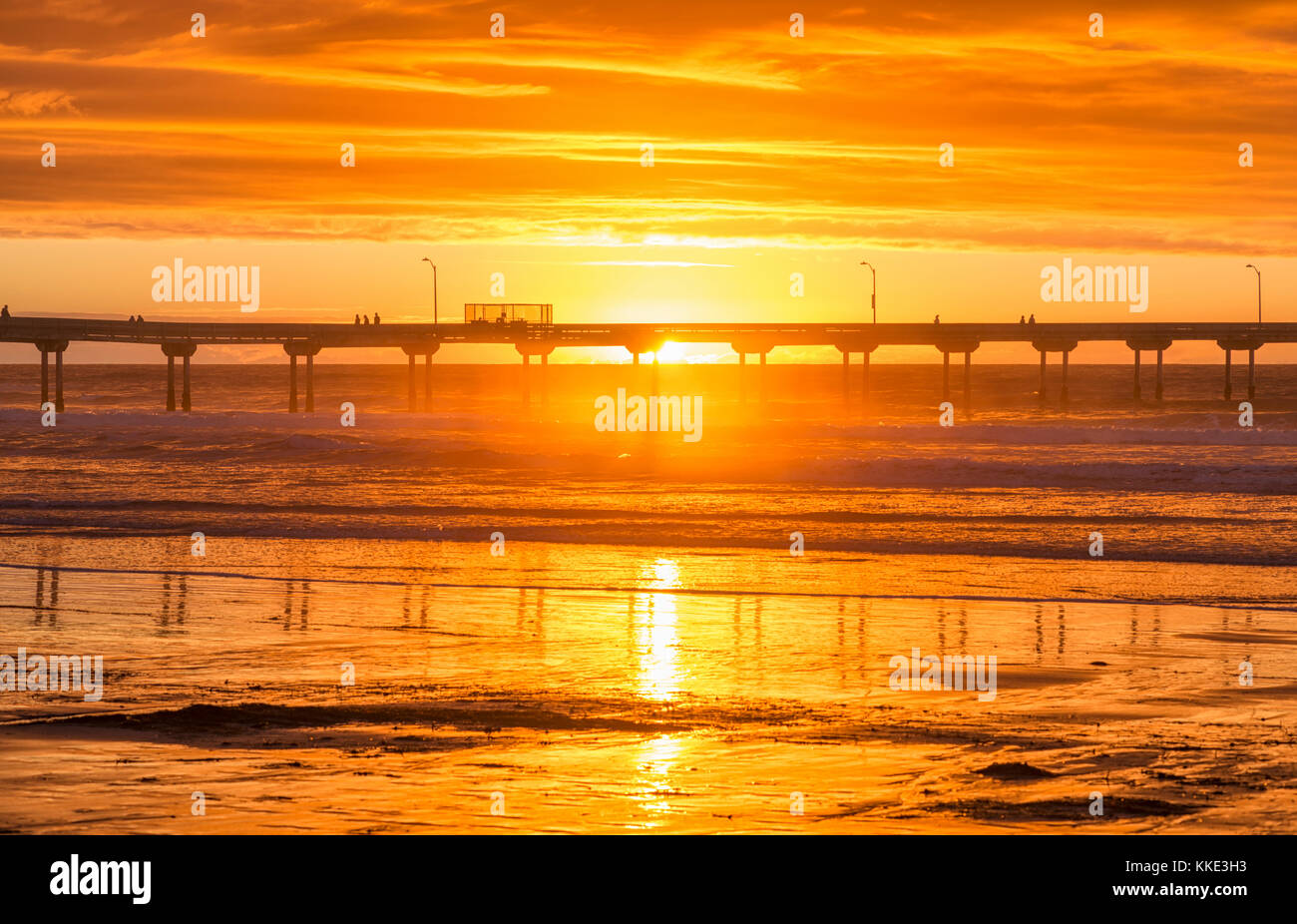 Coastal sunset with a view of the beach and the Ocean Beach Pier. San ...