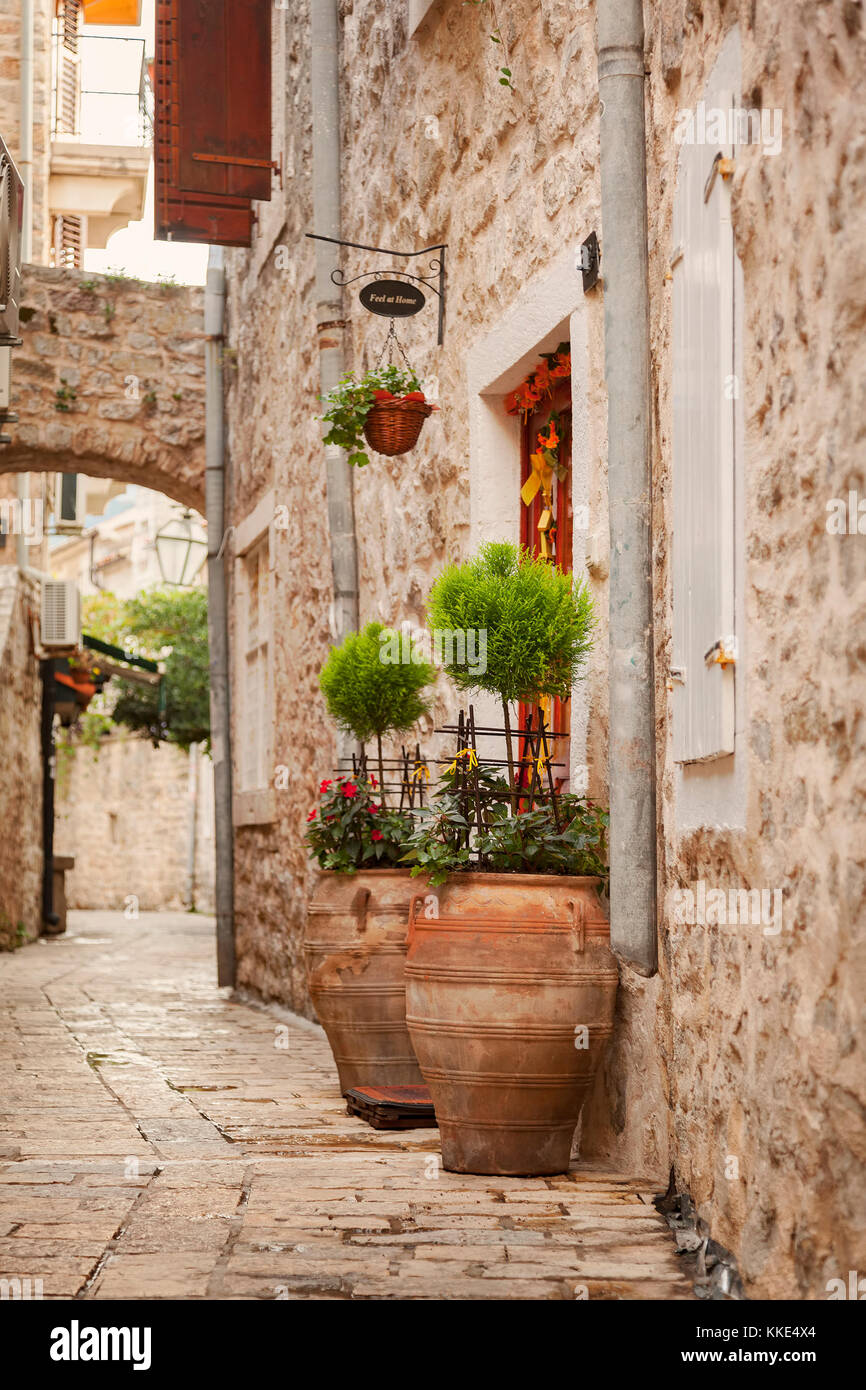 Old street in Budva Stari Grad, Montenegro Stock Photo - Alamy