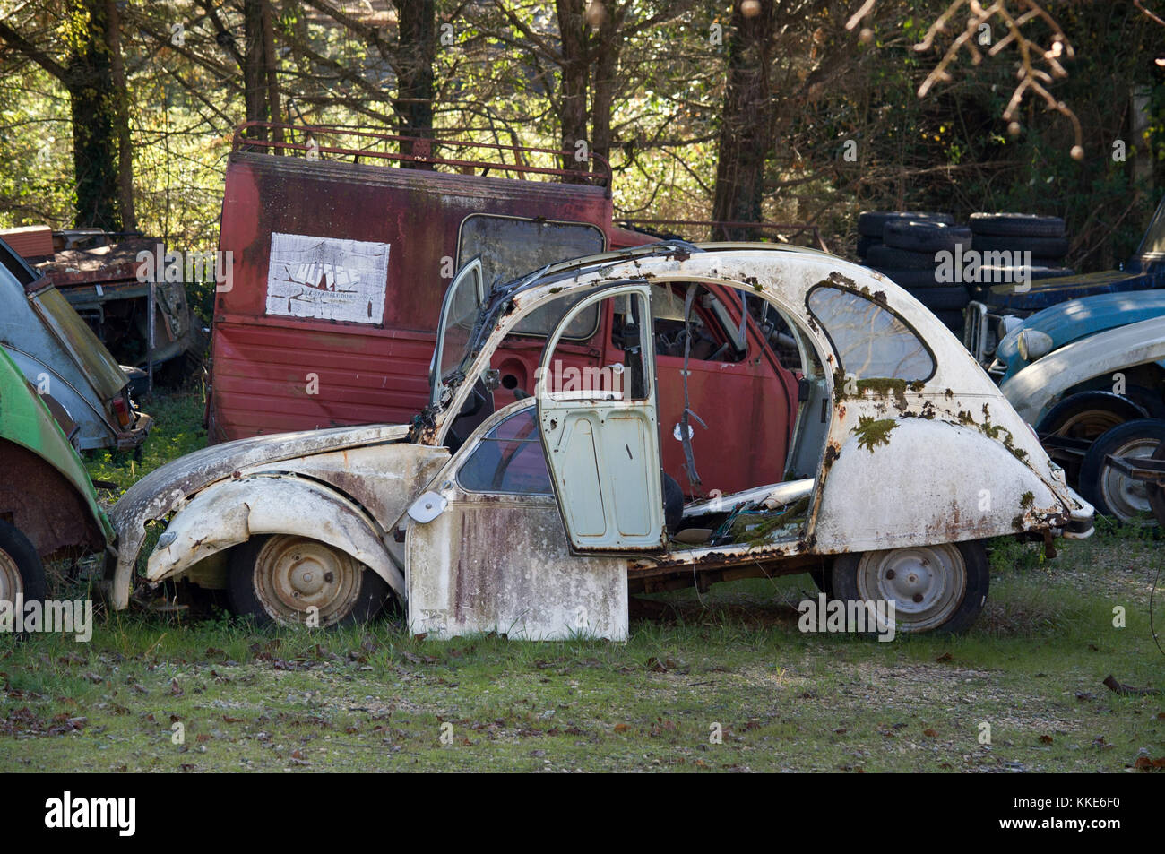 Citroen 2cv cars in a garage yard, Cazalz, France Stock Photo - Alamy