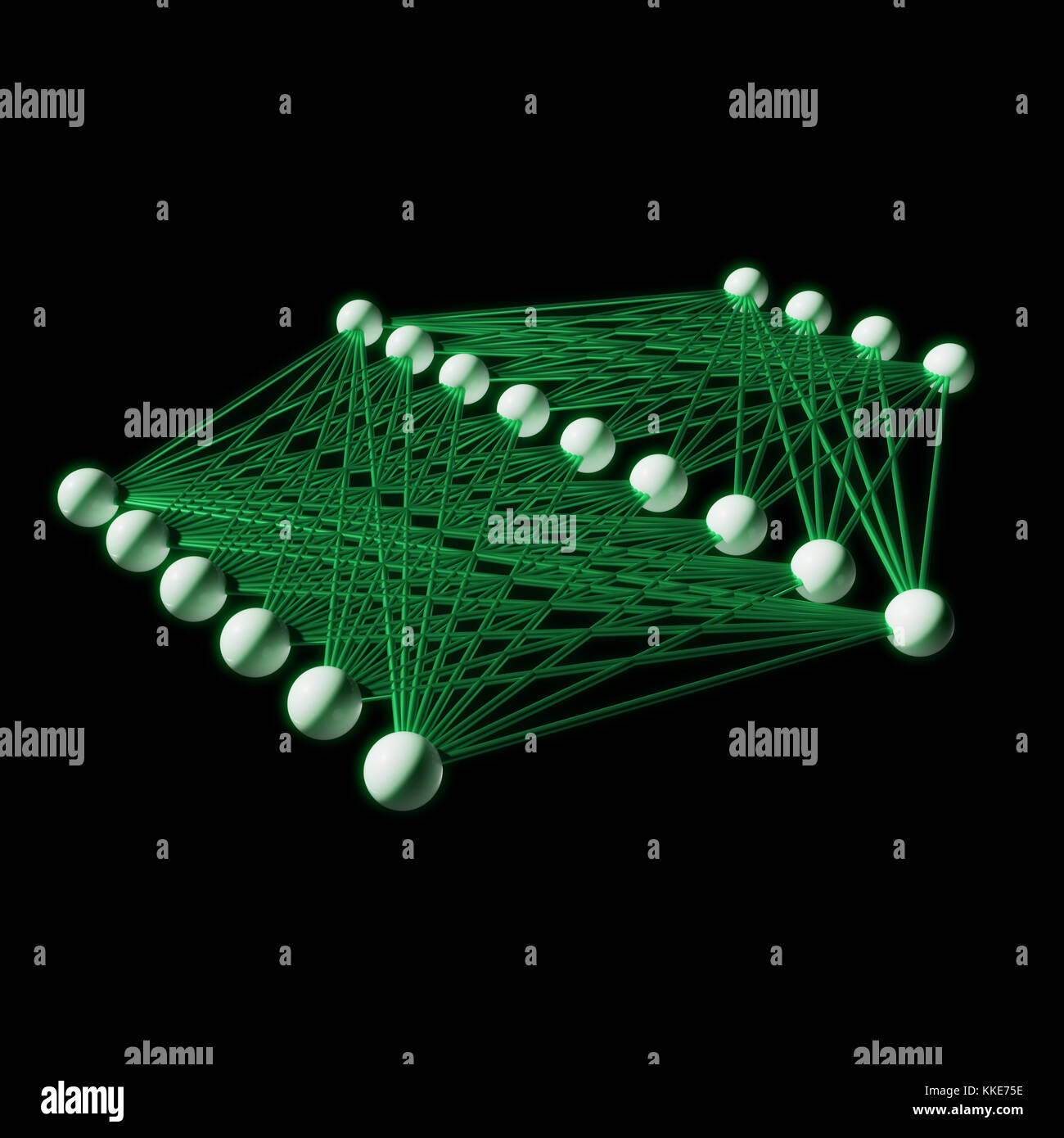 Artificial neural network structure model toned in green isolated on ...