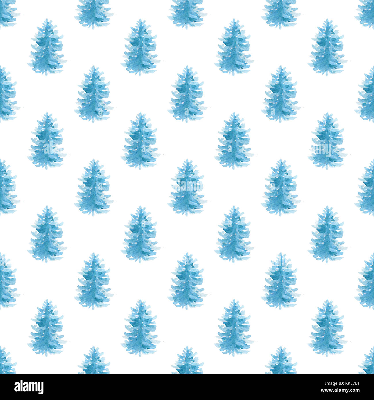 Decorative hand drawn watercolor seamless pattern with blue fir trees ...