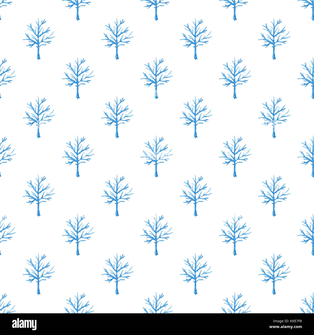 Decorative hand drawn watercolor seamless pattern with blue trees on a ...