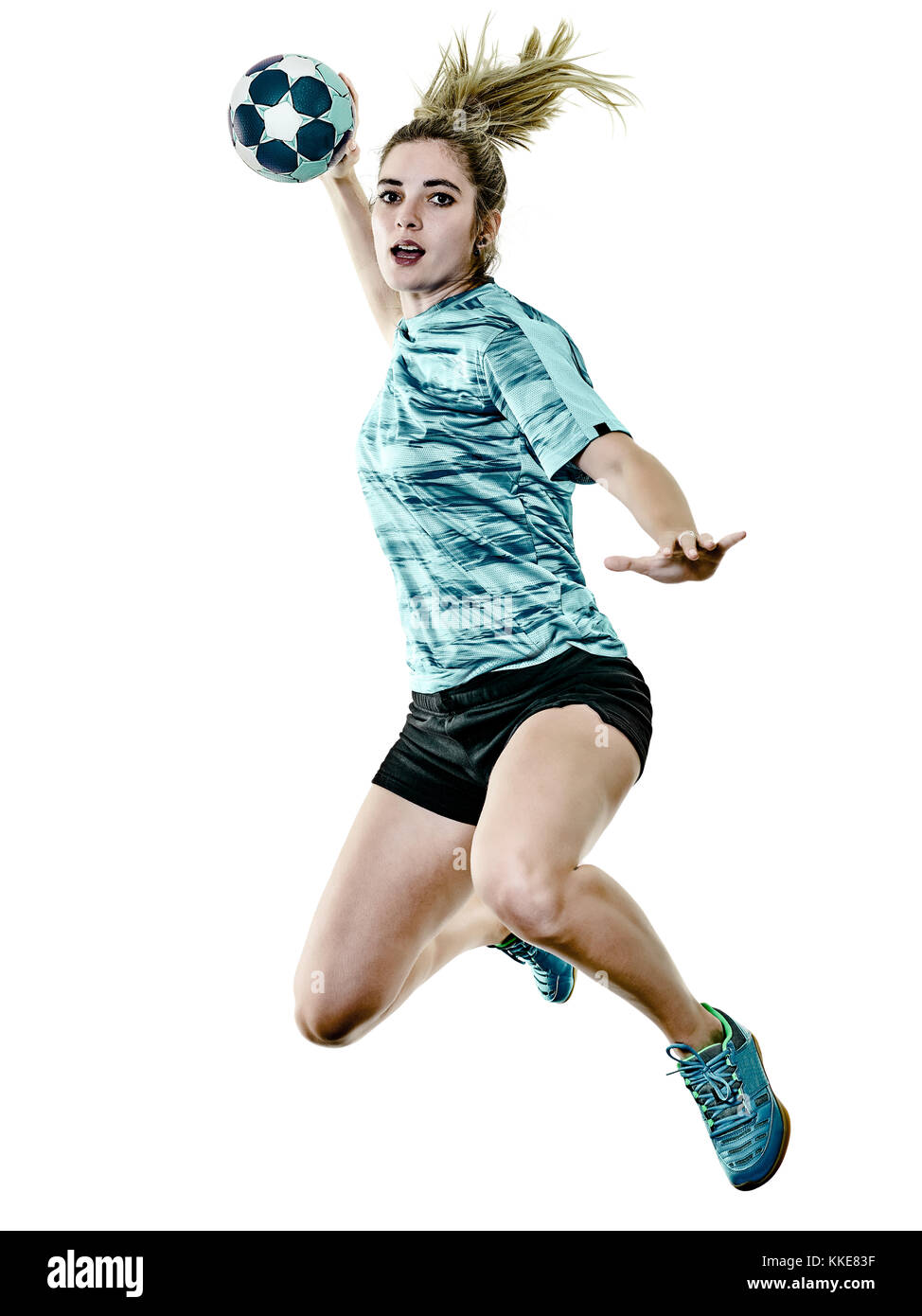 one caucasian young teenager girl woman playing Handball player ...