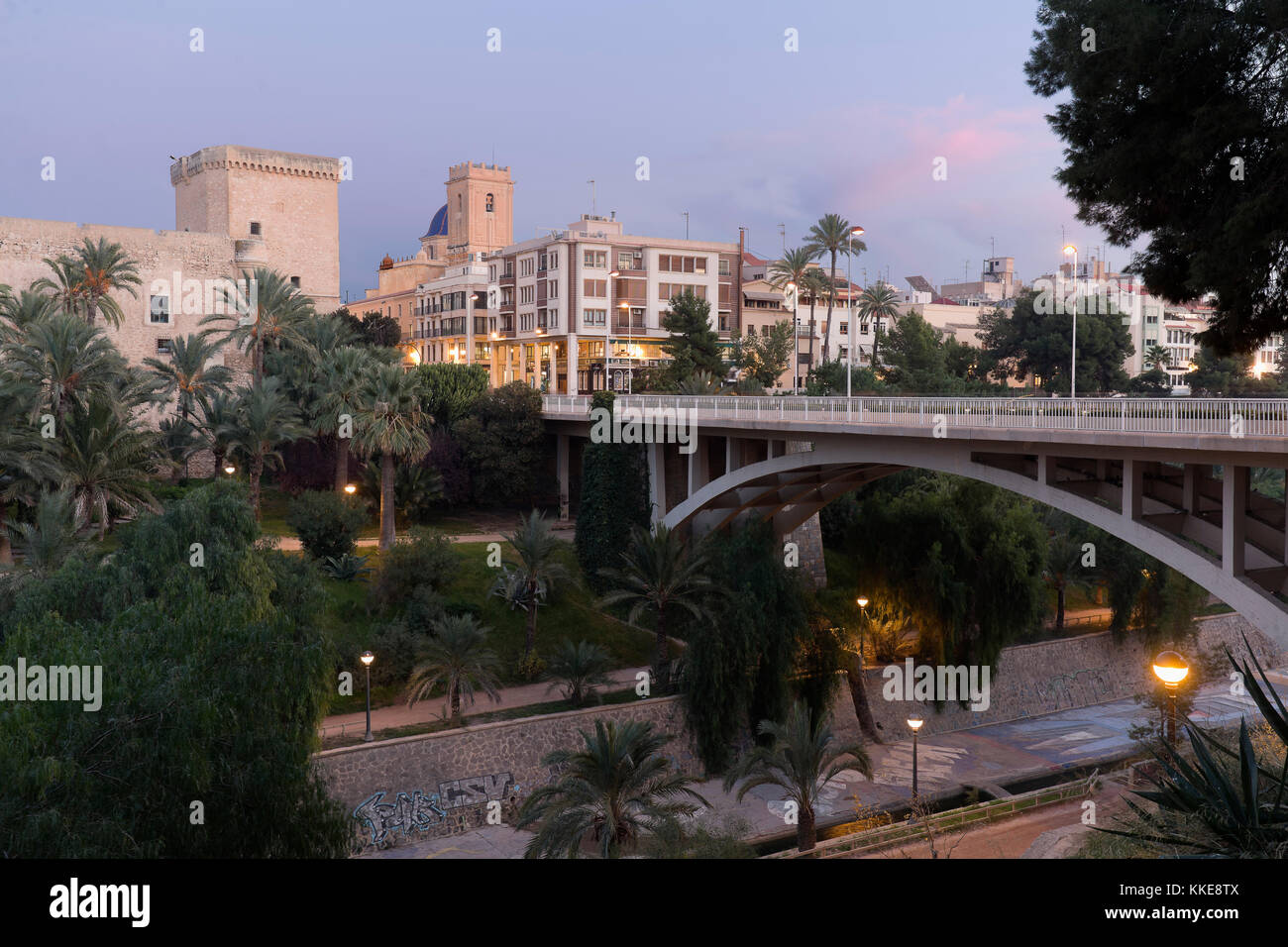 Views of the city of Elche dusk. In the image are the Altamira Palace ...