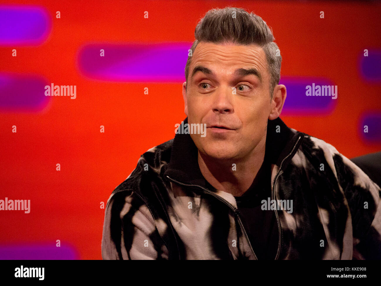Robbie Williams during filming of the Graham Norton Show at The London ...