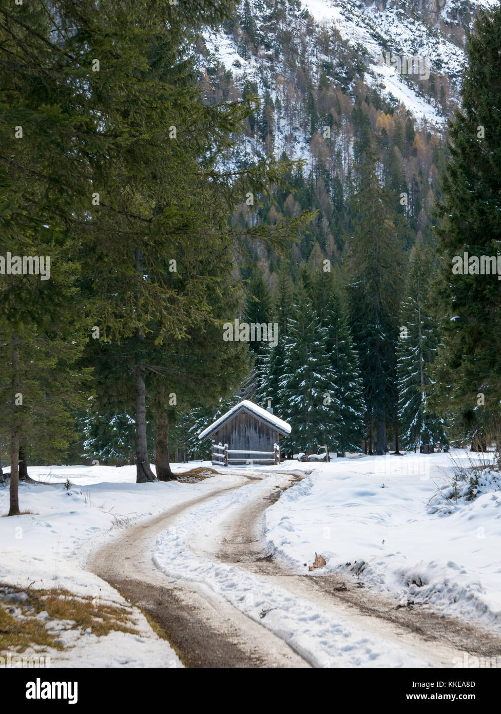 Winter scenery, snowy road and small house in the trees Stock Photo - Alamy