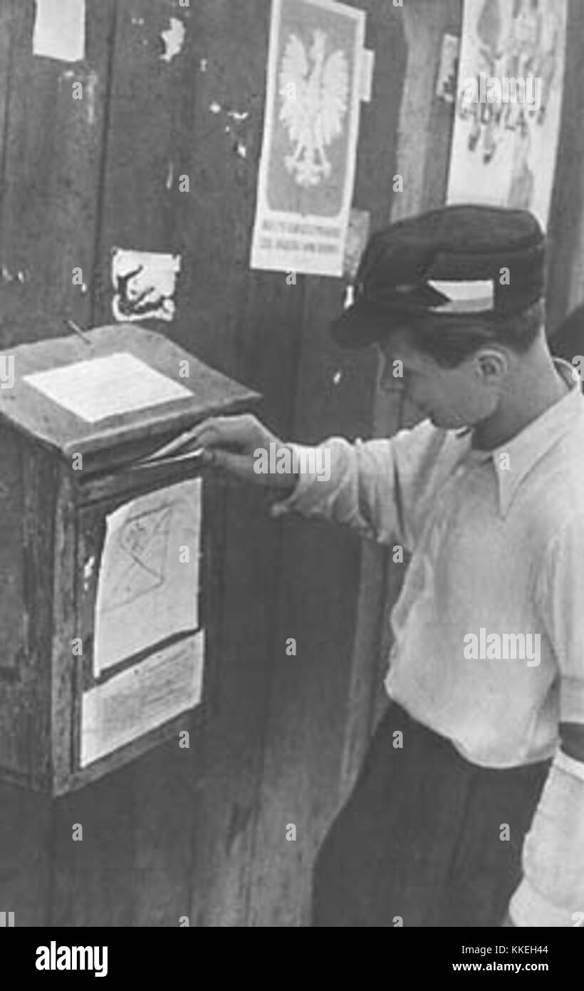 This image shows a mailbox related to the Warsaw Uprising, a key event ...