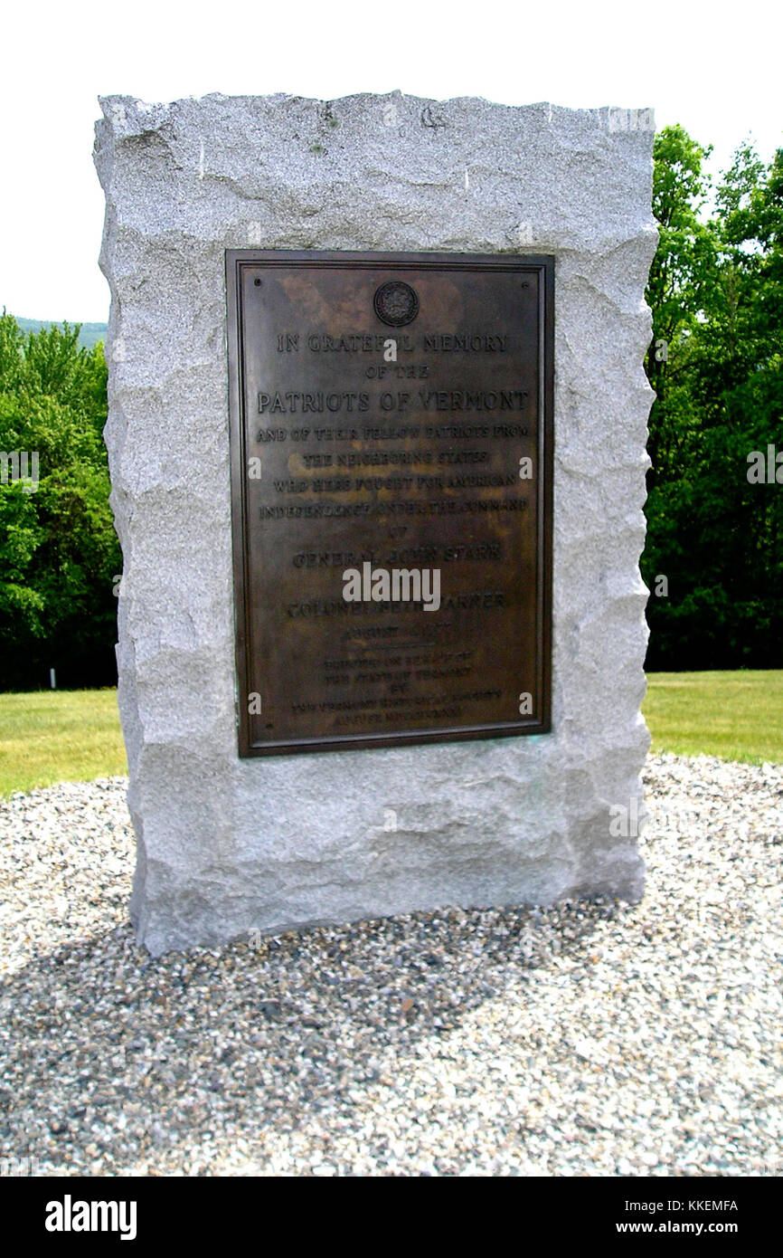 The photograph shows a historic marker at the Bennington Battlefield ...