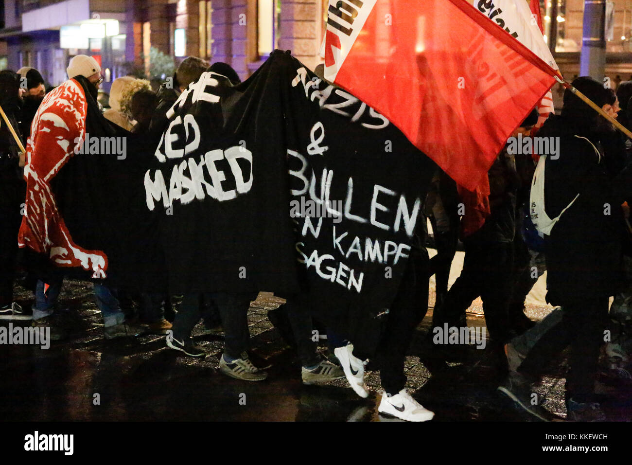 Mainz, Germany. 30th November 2017. Anti fascists carry a banner that ...