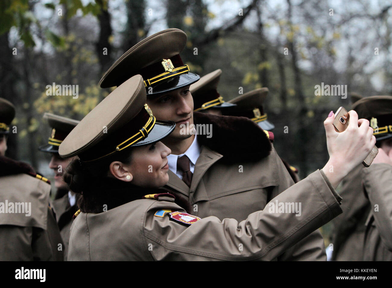 Bucharest, Romania. 1st Dec, 2017. Romanian soldiers take selfie before ...