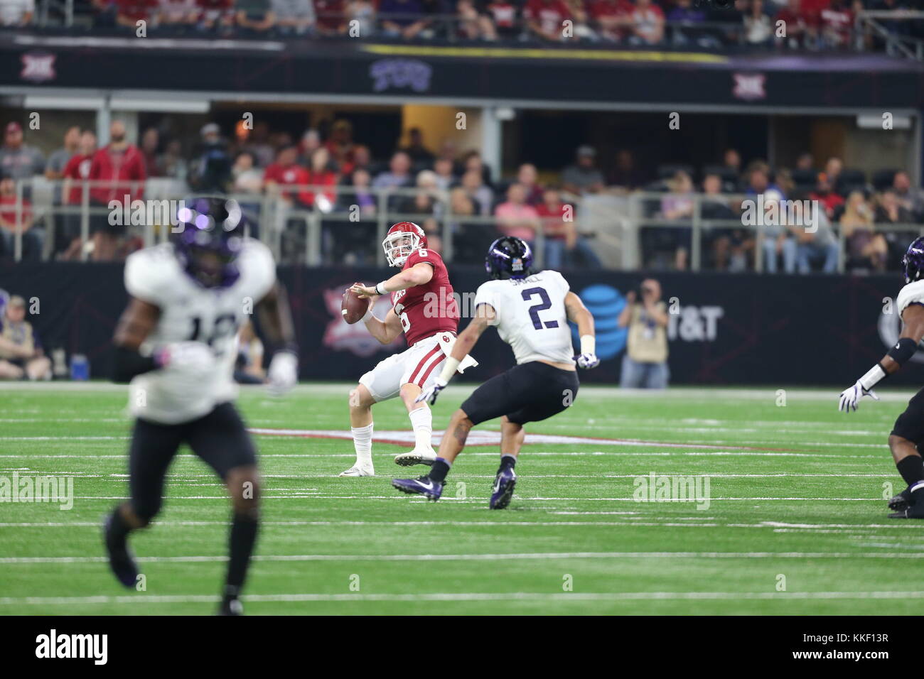 December 2, 2017: [Oklahoma Sooners quarterback Baker Mayfield (6) makes a pass during the Big ...