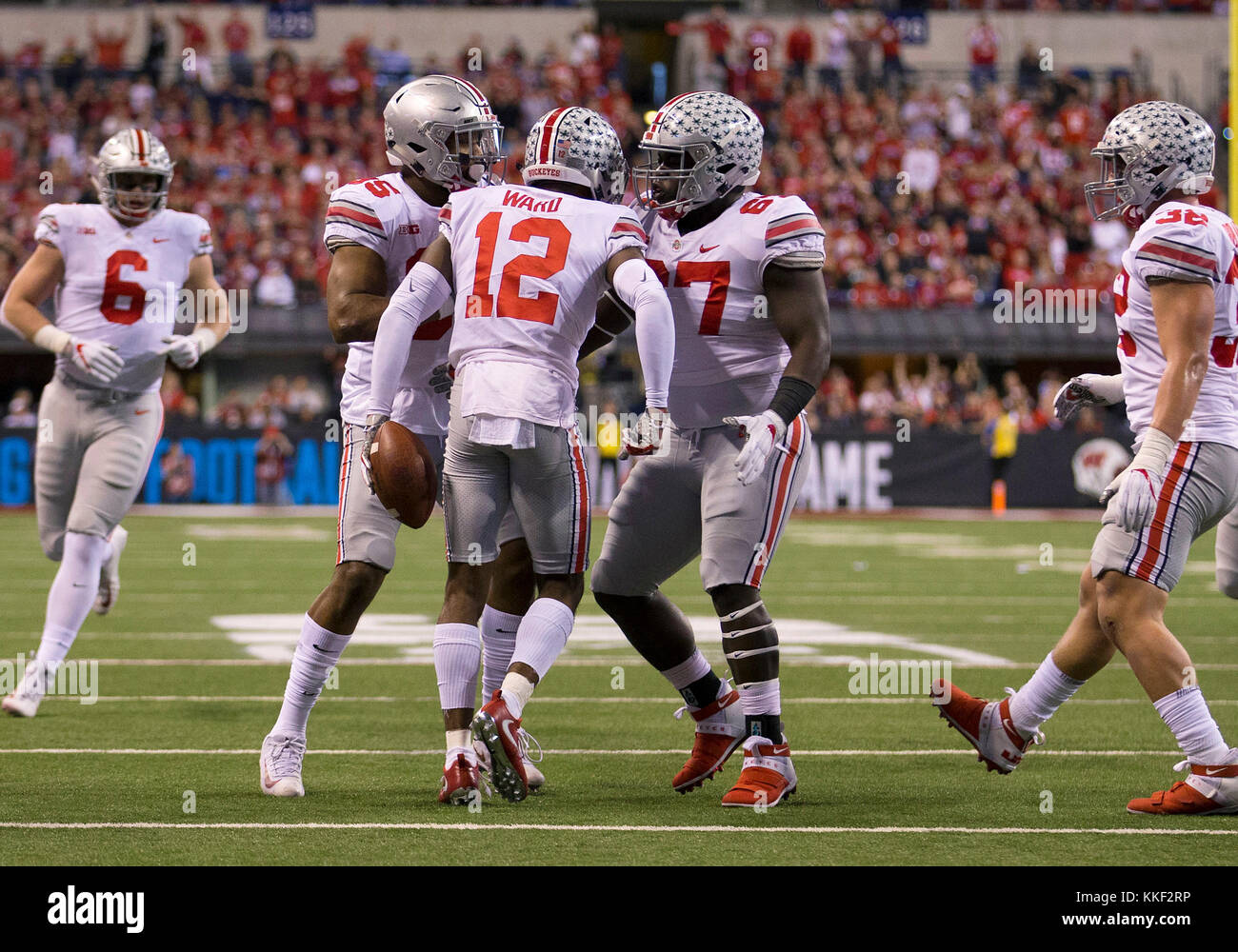 December 02, 2017: Ohio State players celebrate interception by Ohio ...