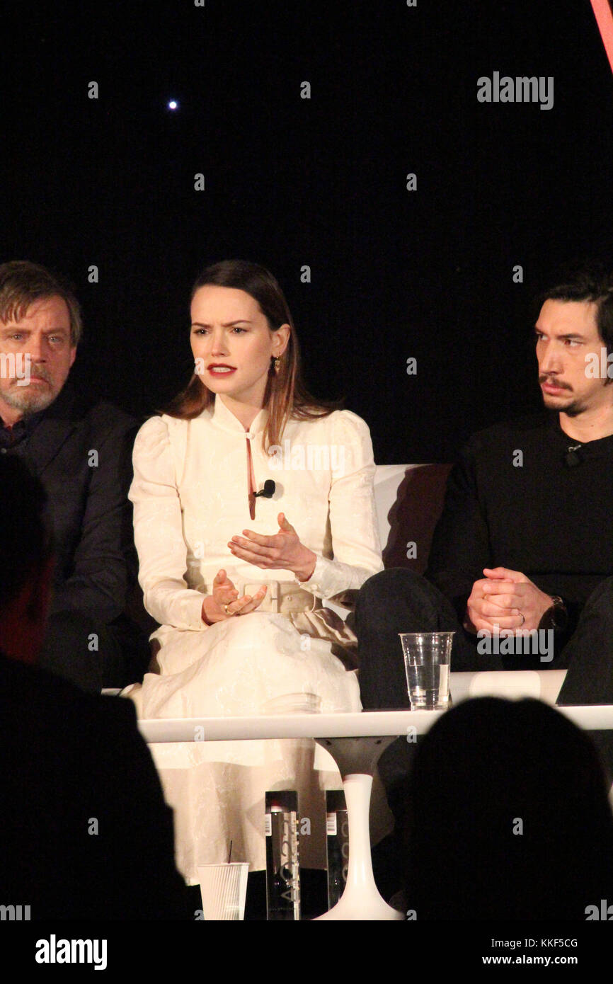 Los Angeles, USA. 3rd Dec, 2017. Mark Hamill, Daisy Ridley, Adam Driver ...