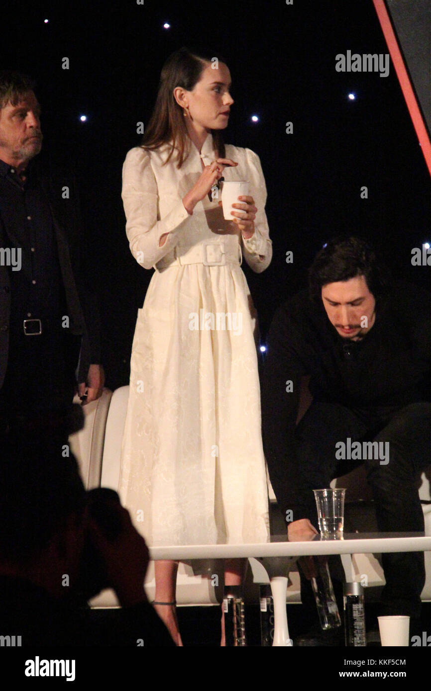 Los Angeles, USA. 3rd Dec, 2017. Mark Hamill, Daisy Ridley, Adam Driver ...