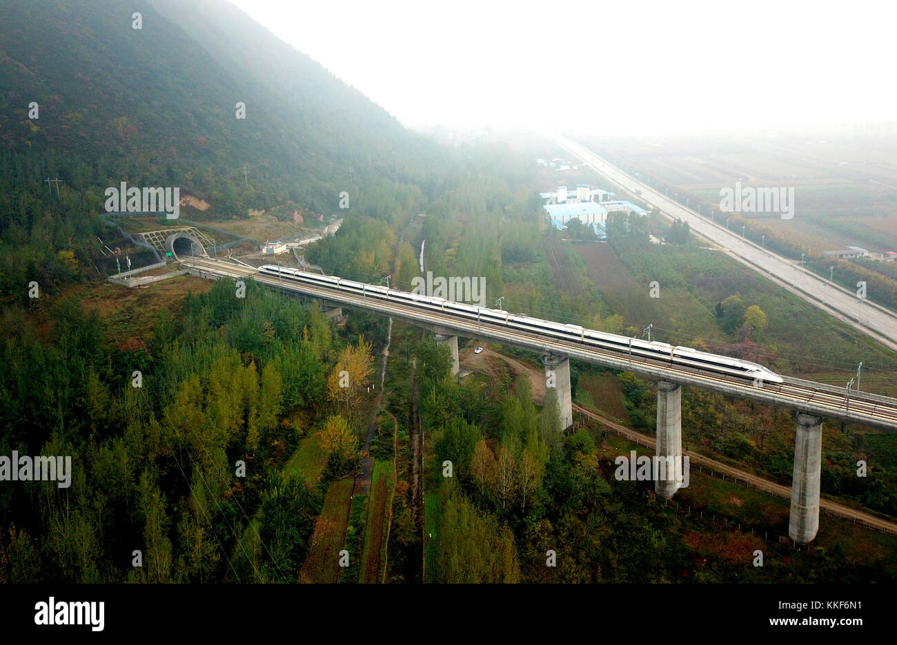 Beijing, China. 1st Nov, 2017. A bullet train runs on a bridge of Xi'an ...
