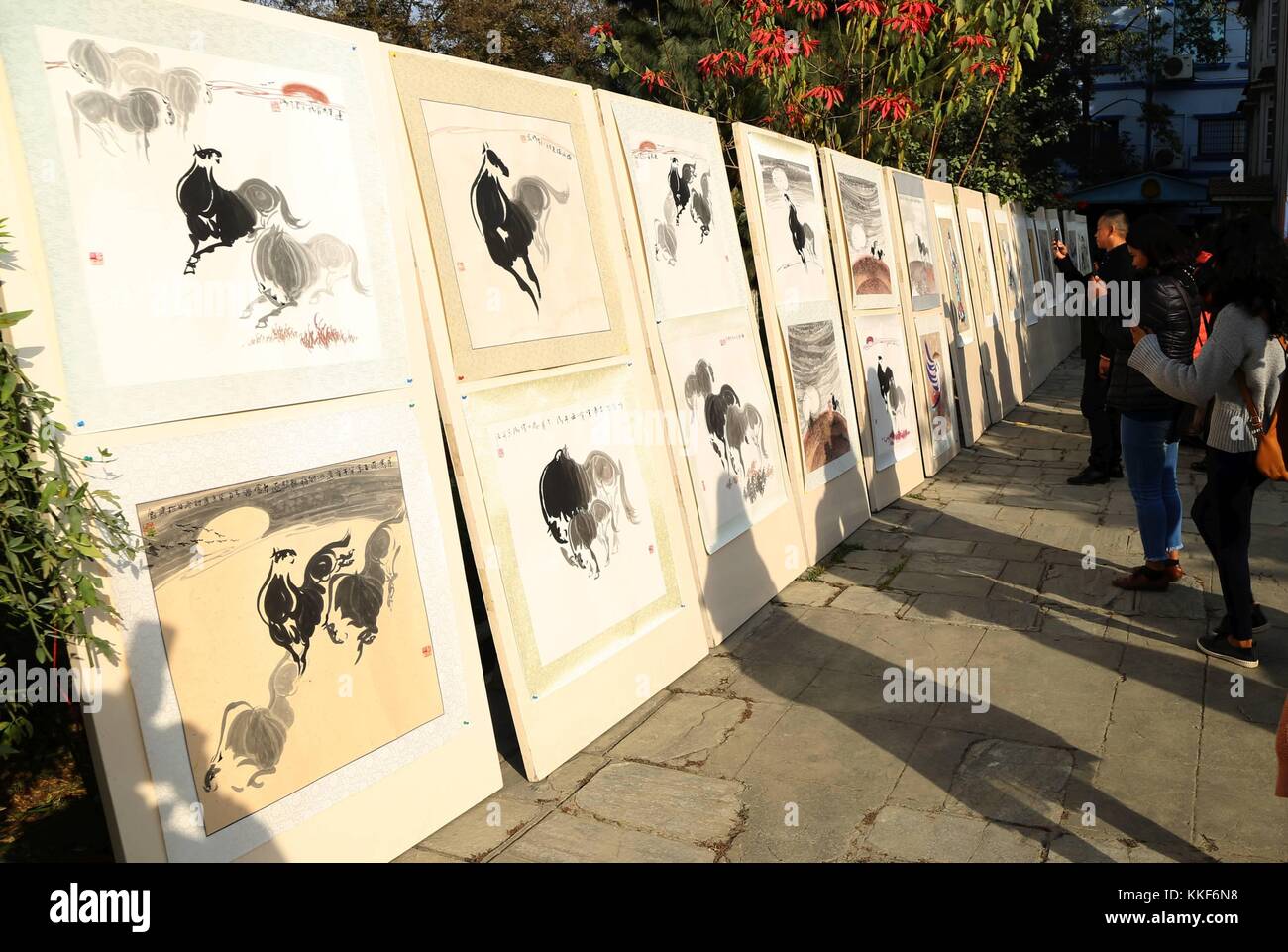 Kathmandu, Nepal. 5th Dec, 2017. Visitors observe paintings of Chinese ...