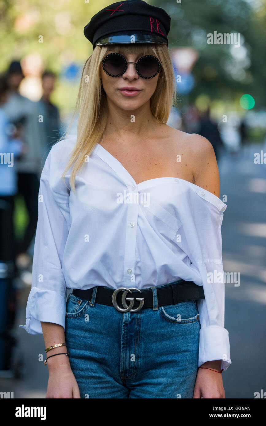 Milan, Italy - September 22, 2017: Girl in a fashionable outfit posing ...