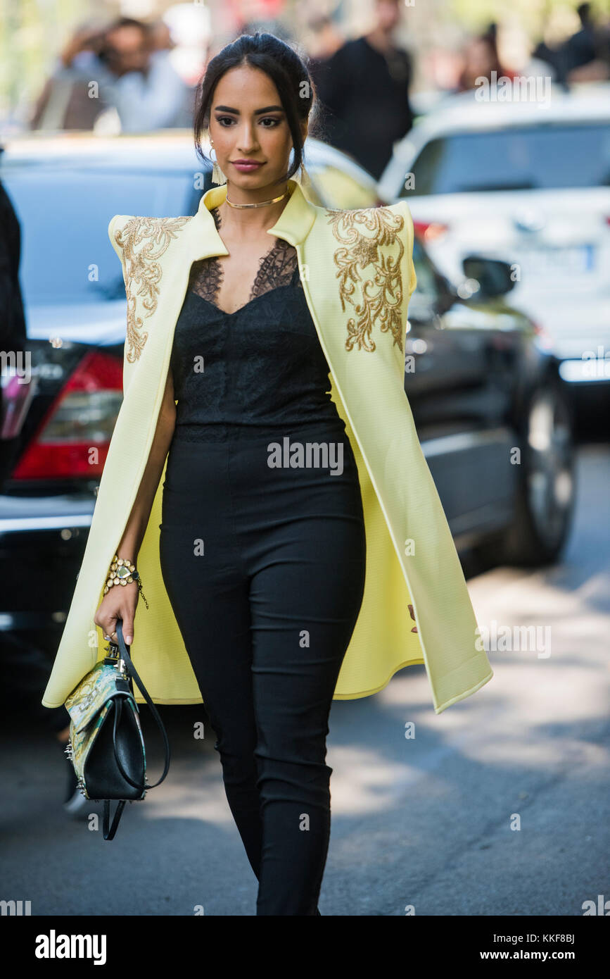 Milan, Italy - September 22, 2017: Girl in a fashionable outfit posing ...