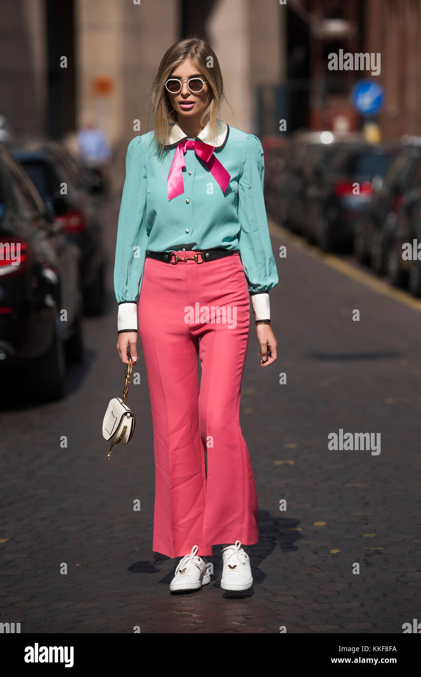 Milan, Italy - September 22, 2017: Girl in a fashionable outfit posing ...