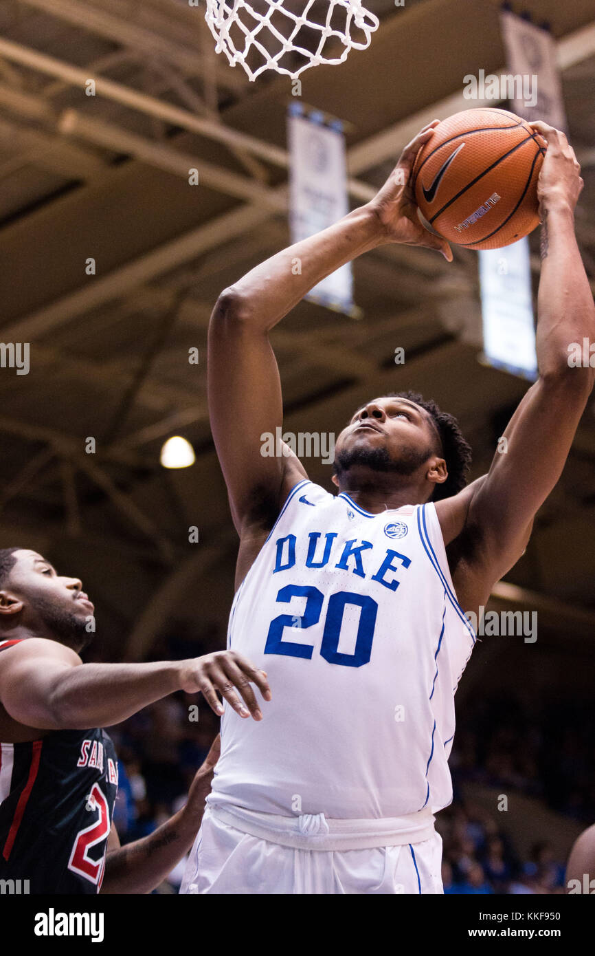 Durham, NC, USA. 5th Dec, 2017. Duke center Marques Bolden (20) shoots ...