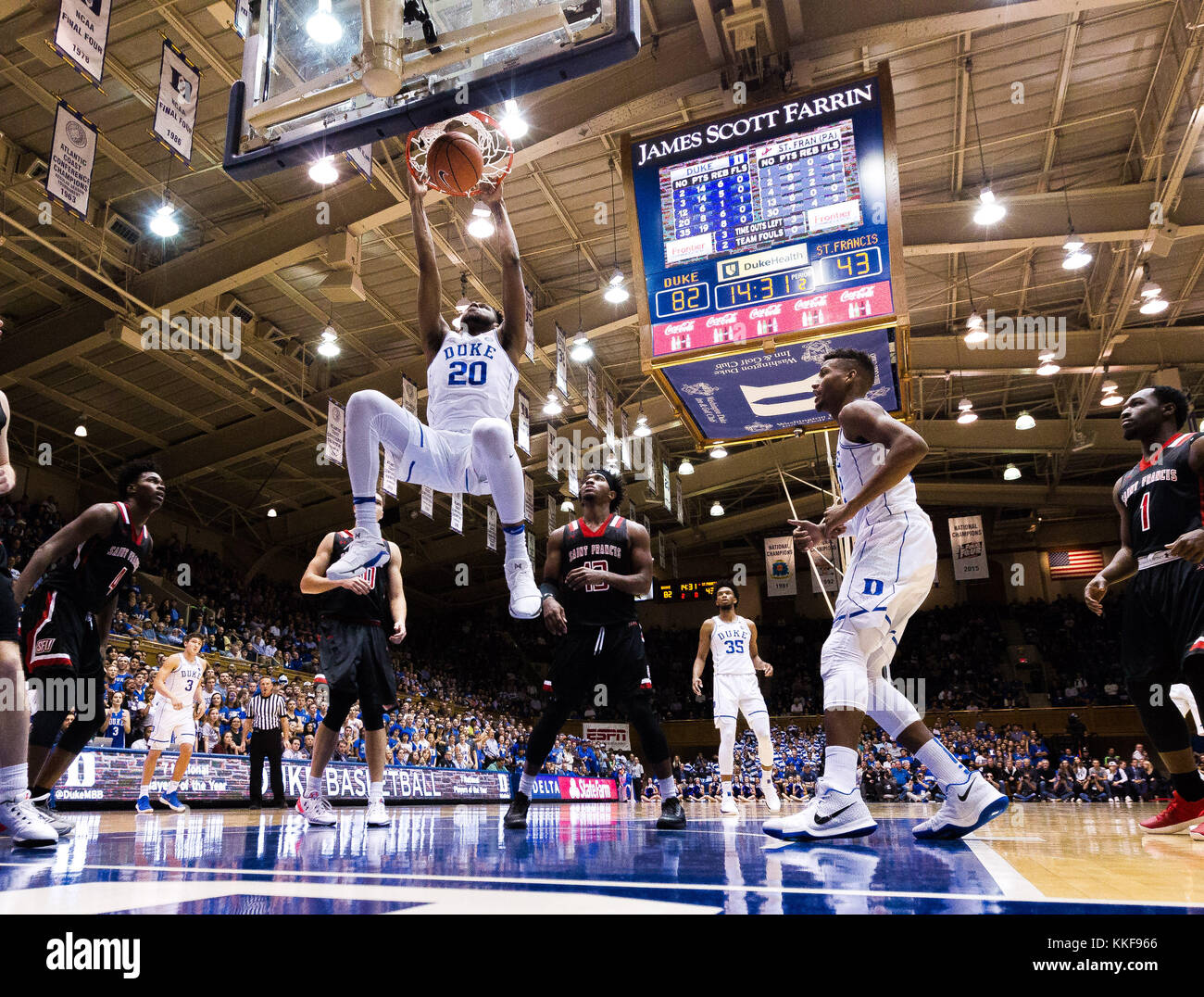 Durham, NC, USA. 5th Dec, 2017. Duke center Marques Bolden (20) dunks ...