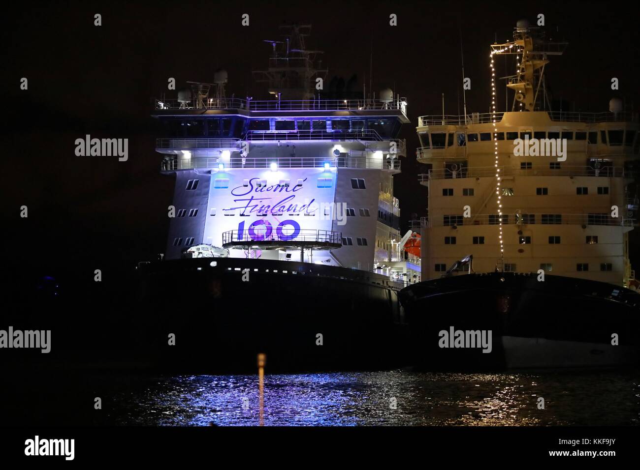 Helsinki. 6th Dec, 2017. An icebreaker is illuminated with blue and ...