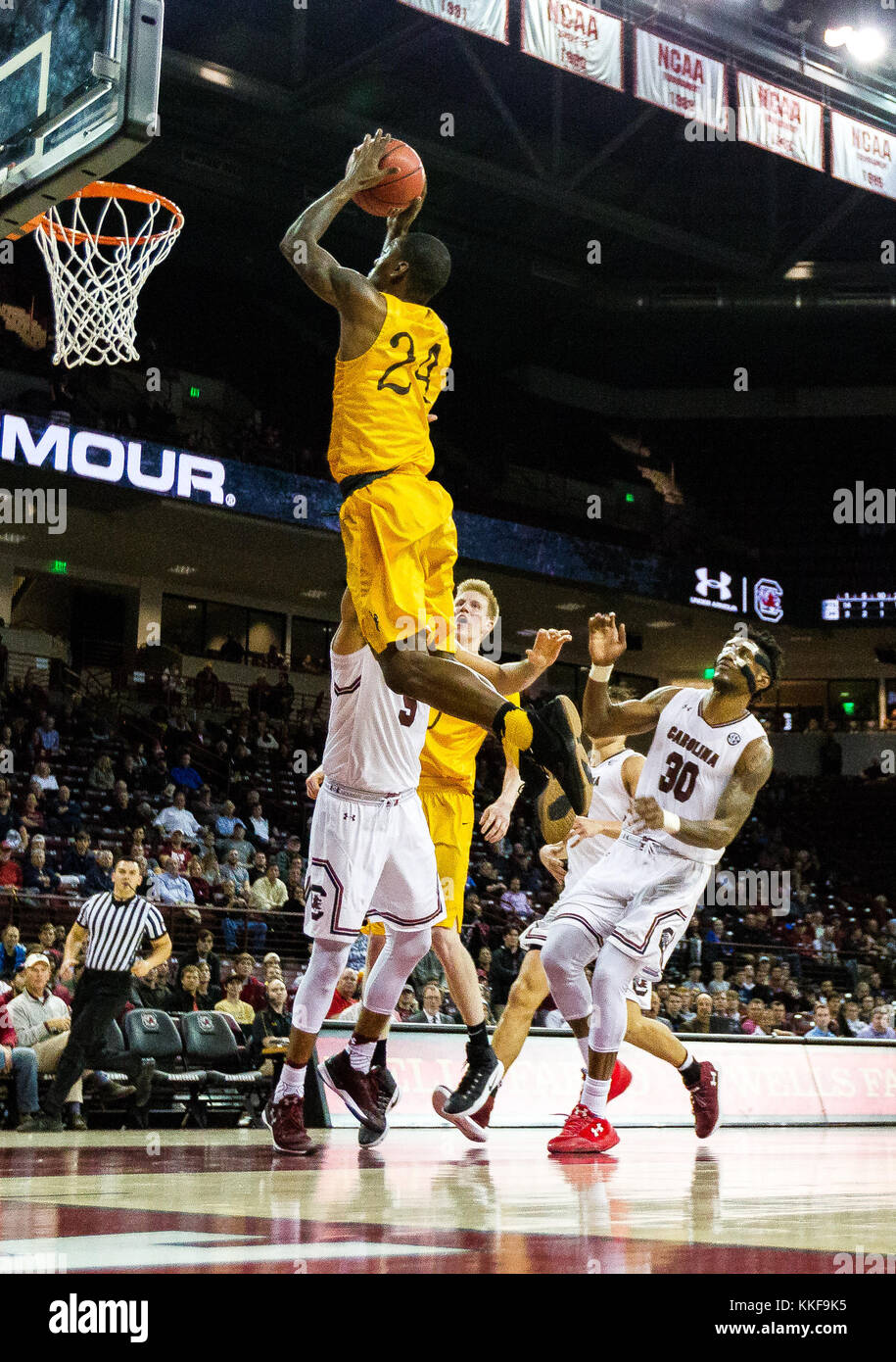 Columbia, SC, USA. 6th Dec, 2017. Wyoming guard Louis Adams (24) goes ...