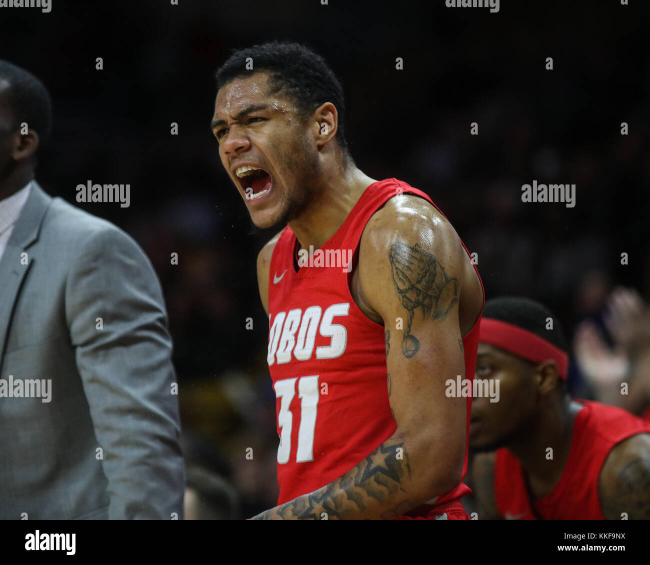 December 06, 2017: New Mexico's Troy Simons is fired up on the bench ...