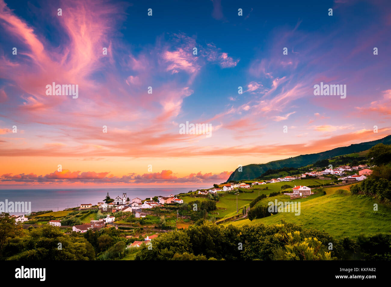 Beautiful pink stunning sunrise in a village in Nordeste, Sao Miguel ...