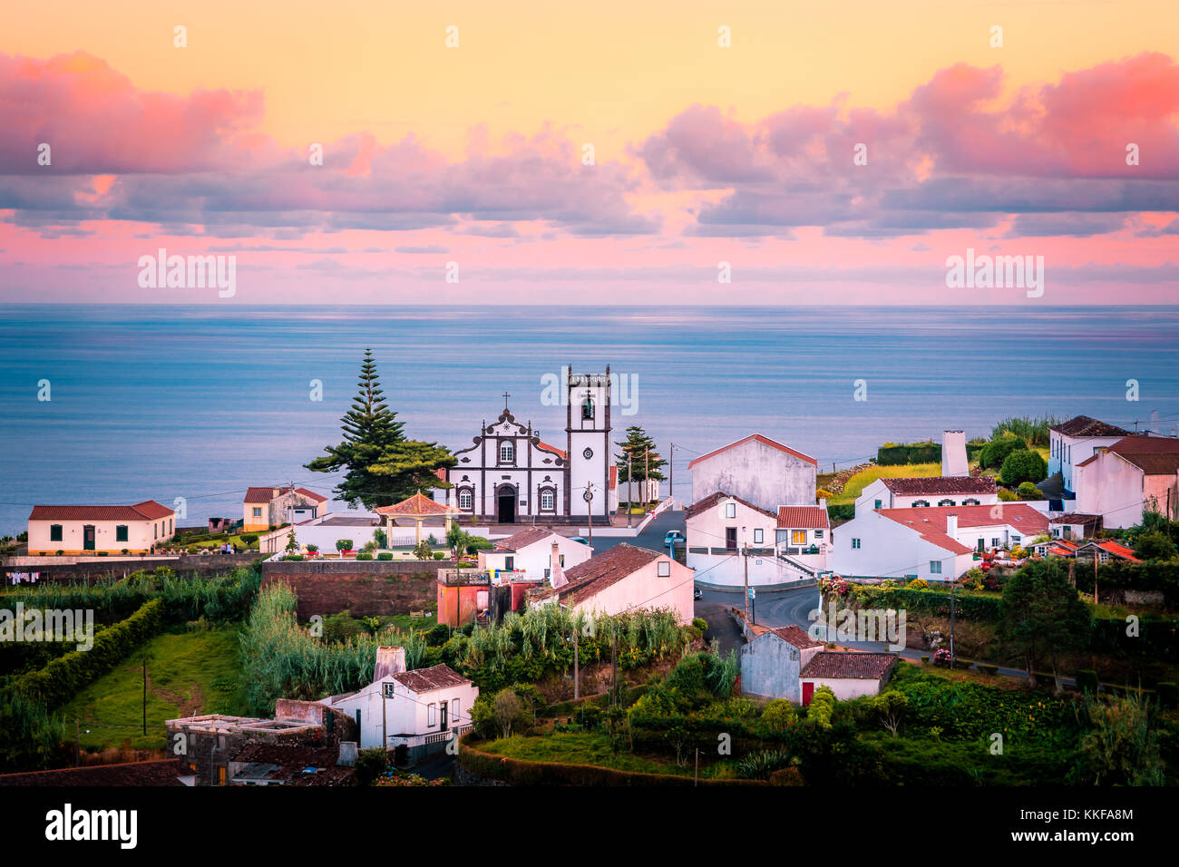 Beautiful pink stunning sunrise in a village in Nordeste, Sao Miguel ...