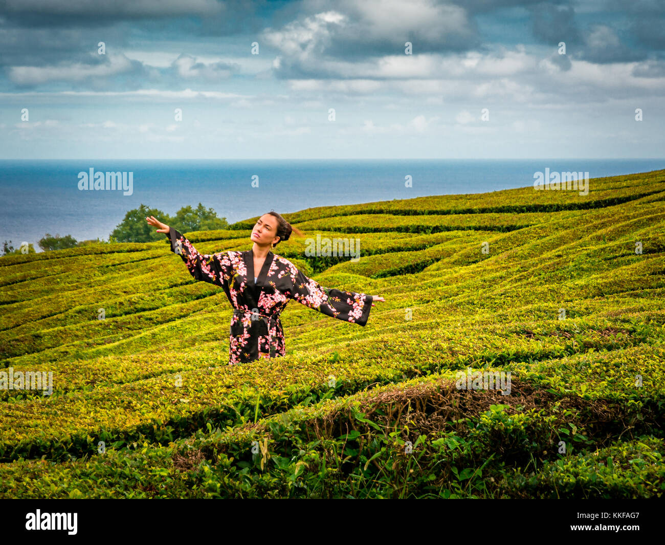 Beautiful Caucasian girl wearing Kimono at tea plantations in Sao Miguel Island, Azores ...