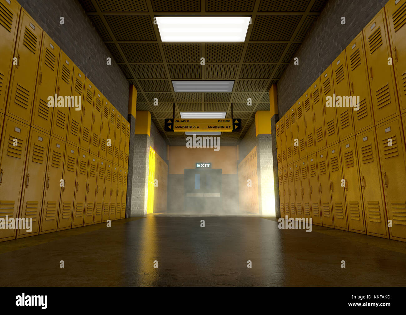 A look down a dimly lit run down schools hallway of yellow lockers - 3D ...
