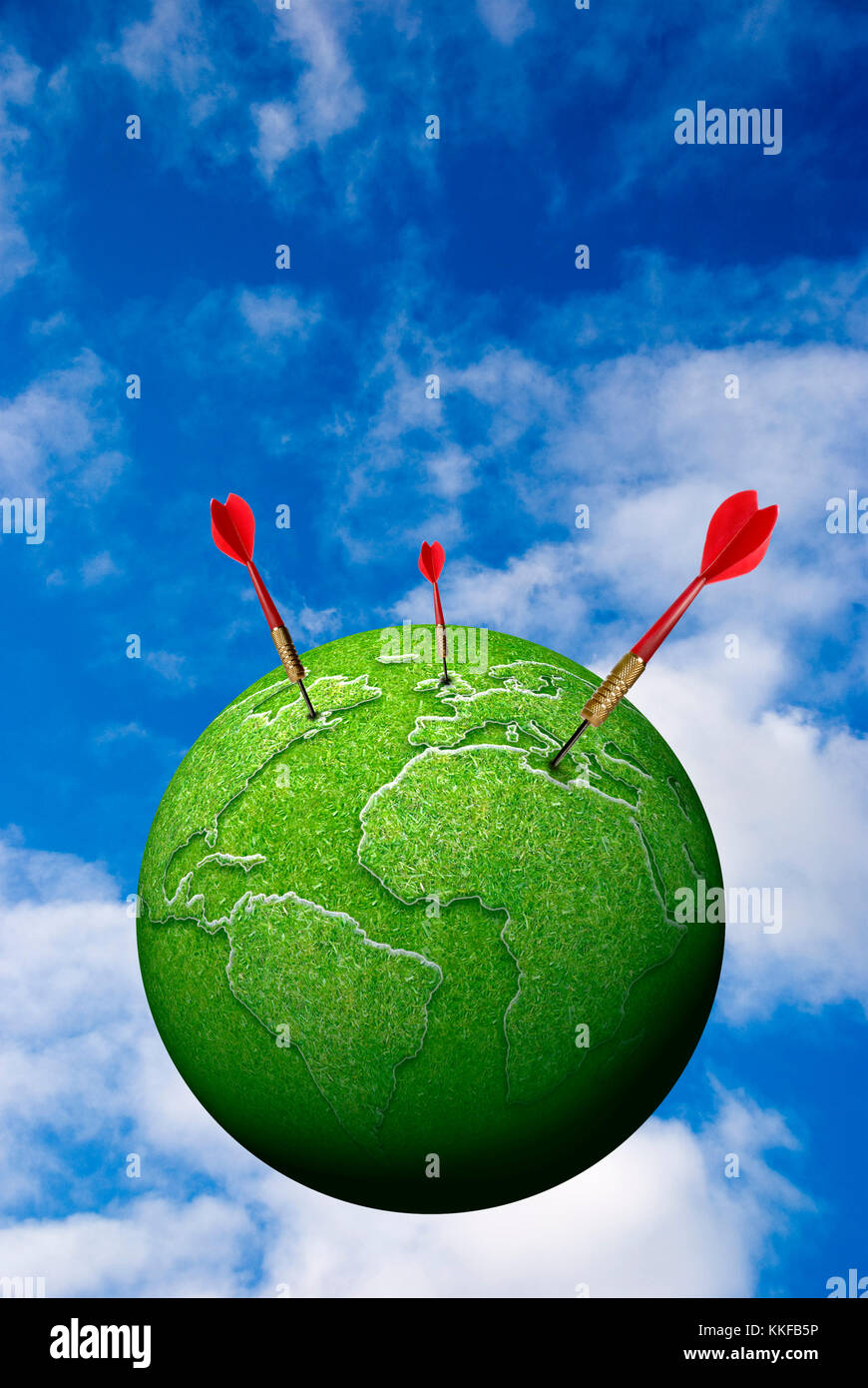 red darts hitting a green earth globe, environment in danger concept ...