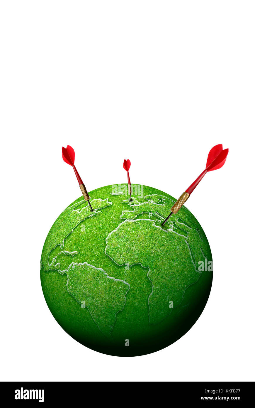 red darts hitting a green earth globe, environment in danger concept ...