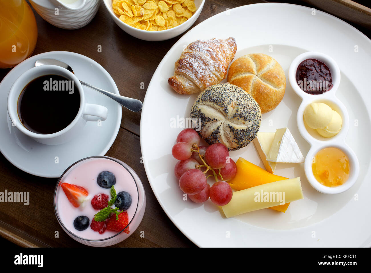 Rich continental breakfast. French crusty croissants, muesli, lots of ...